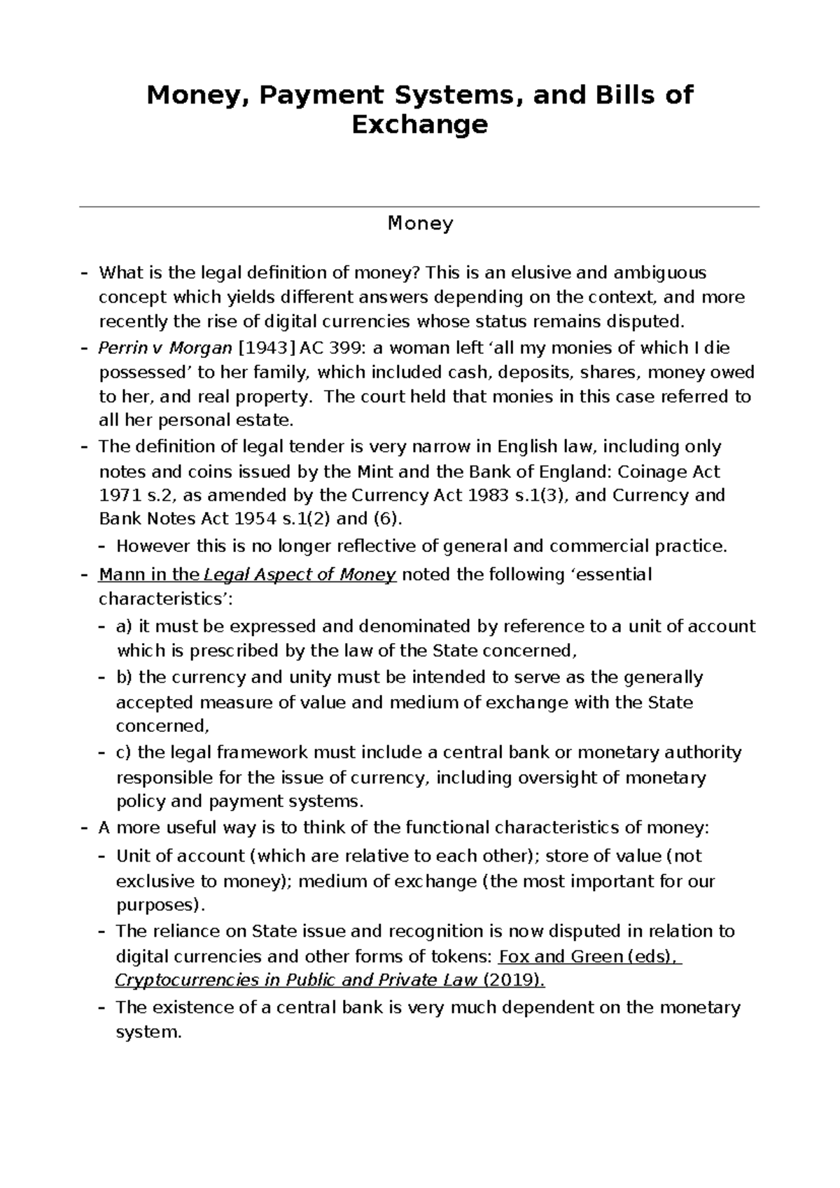 Lecture 8 notes - Money, Payment Systems, and Bills of Exchange Money ...
