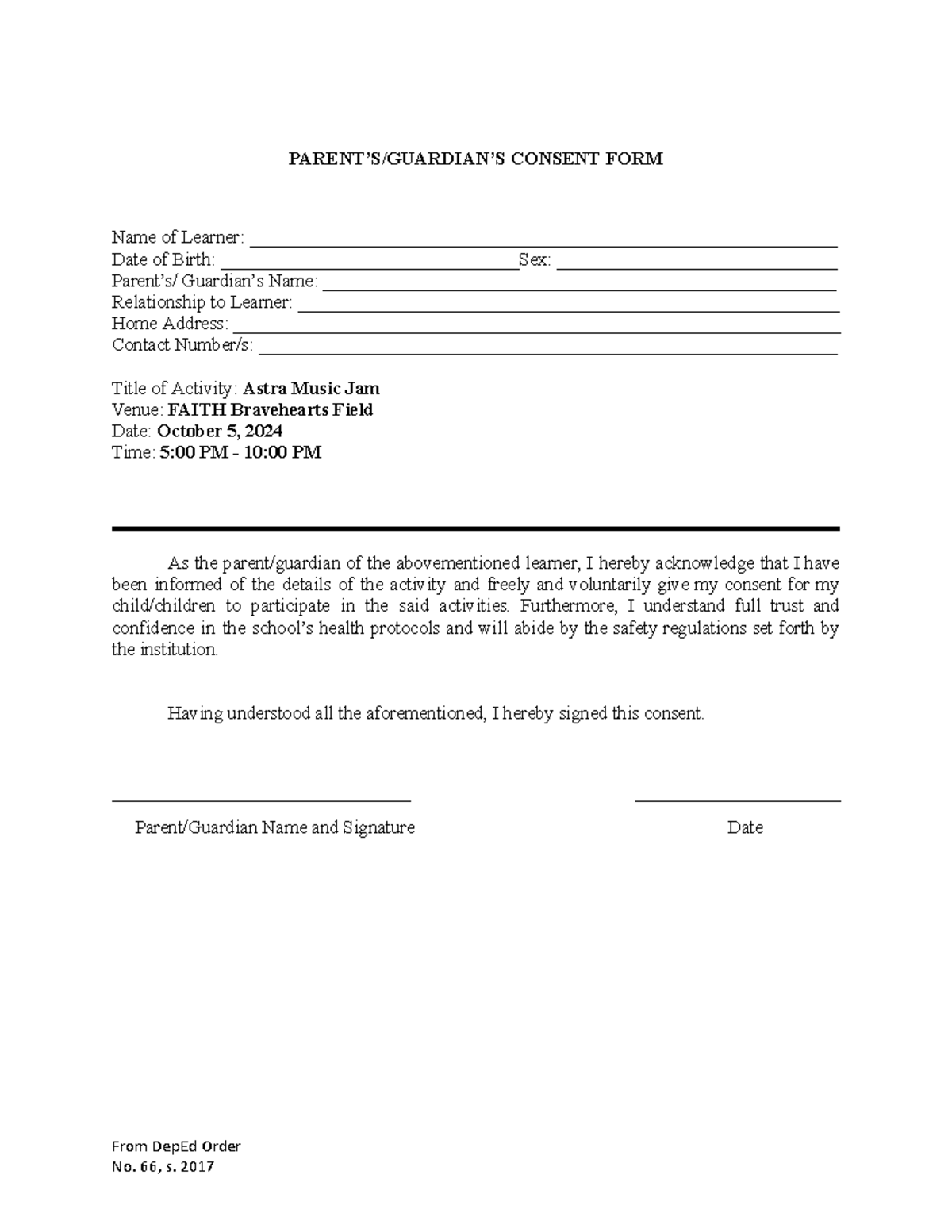 Parents/Guardians Consent Form for Astra Music Jam Activity - Studocu