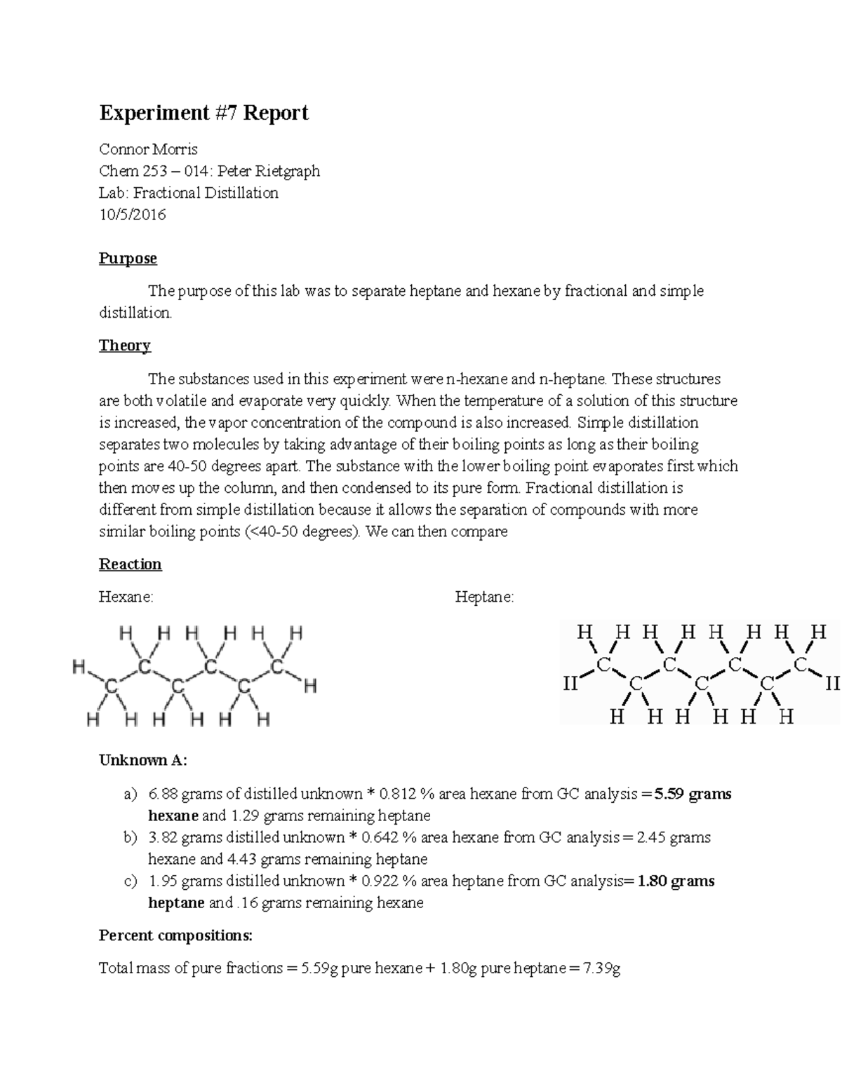Exp #7 - Chem 253 Lab Report: Fractional Distillation Analysis - Studocu