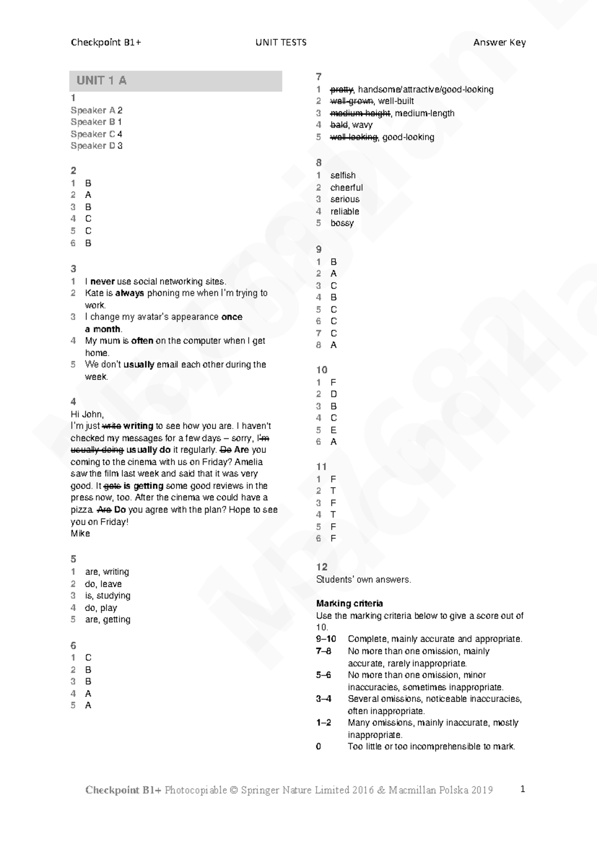 Checkpoint B1+ Unit Tests Answer Key Revision Guide - Studocu