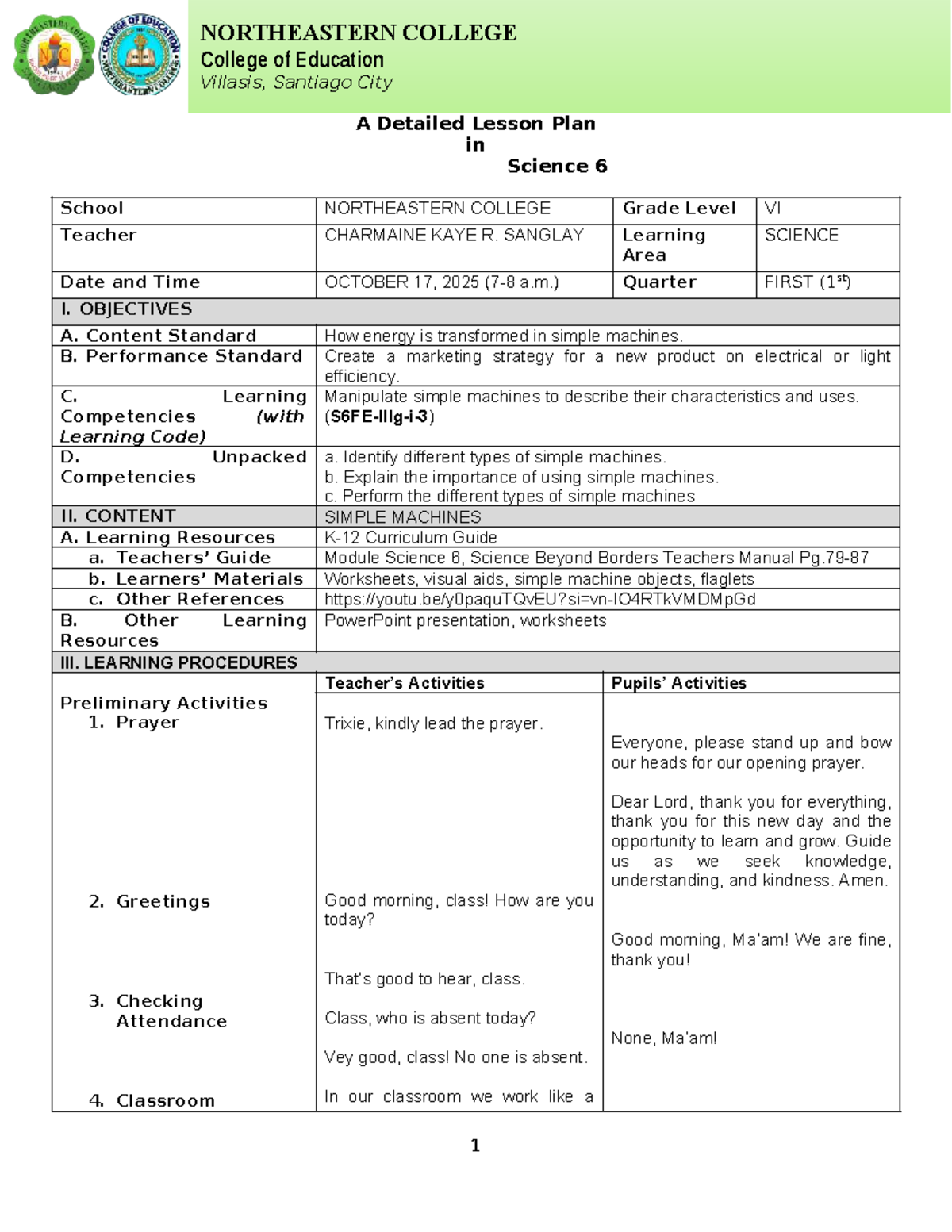 DLP - Science 6 Detailed Lesson Plan on Simple Machines - Studocu