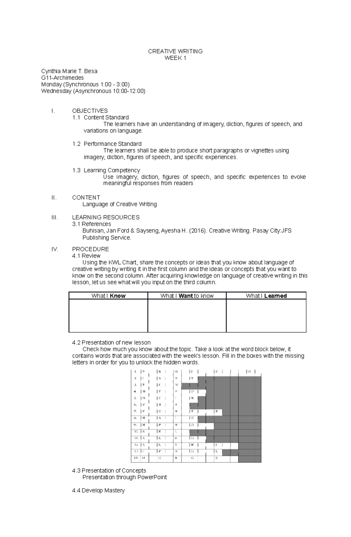 G11-Archimedes Creative Writing Learning Plan: Week 1 Overview - Studocu