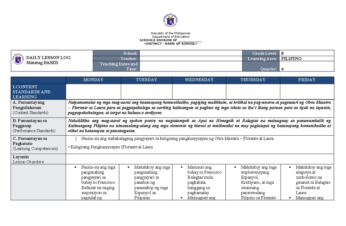 WEEK 1 Matatag Lesson Plan for Filipino 8 - Studocu