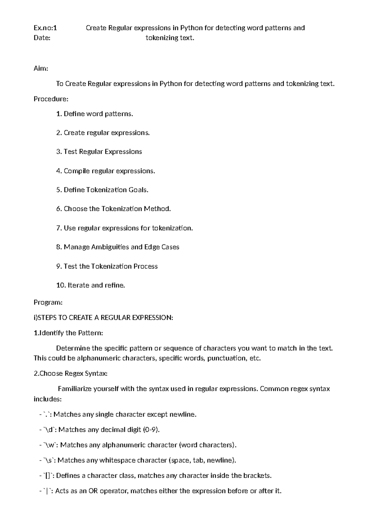 Ex1 - Lab: Creating Python Regex for Word Patterns & Tokenization - Studocu
