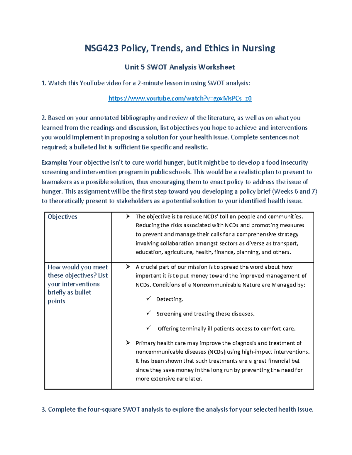 NSG423 Unit 5 SWOT worksheet - NSG423 Policy, Trends, and Ethics in ...
