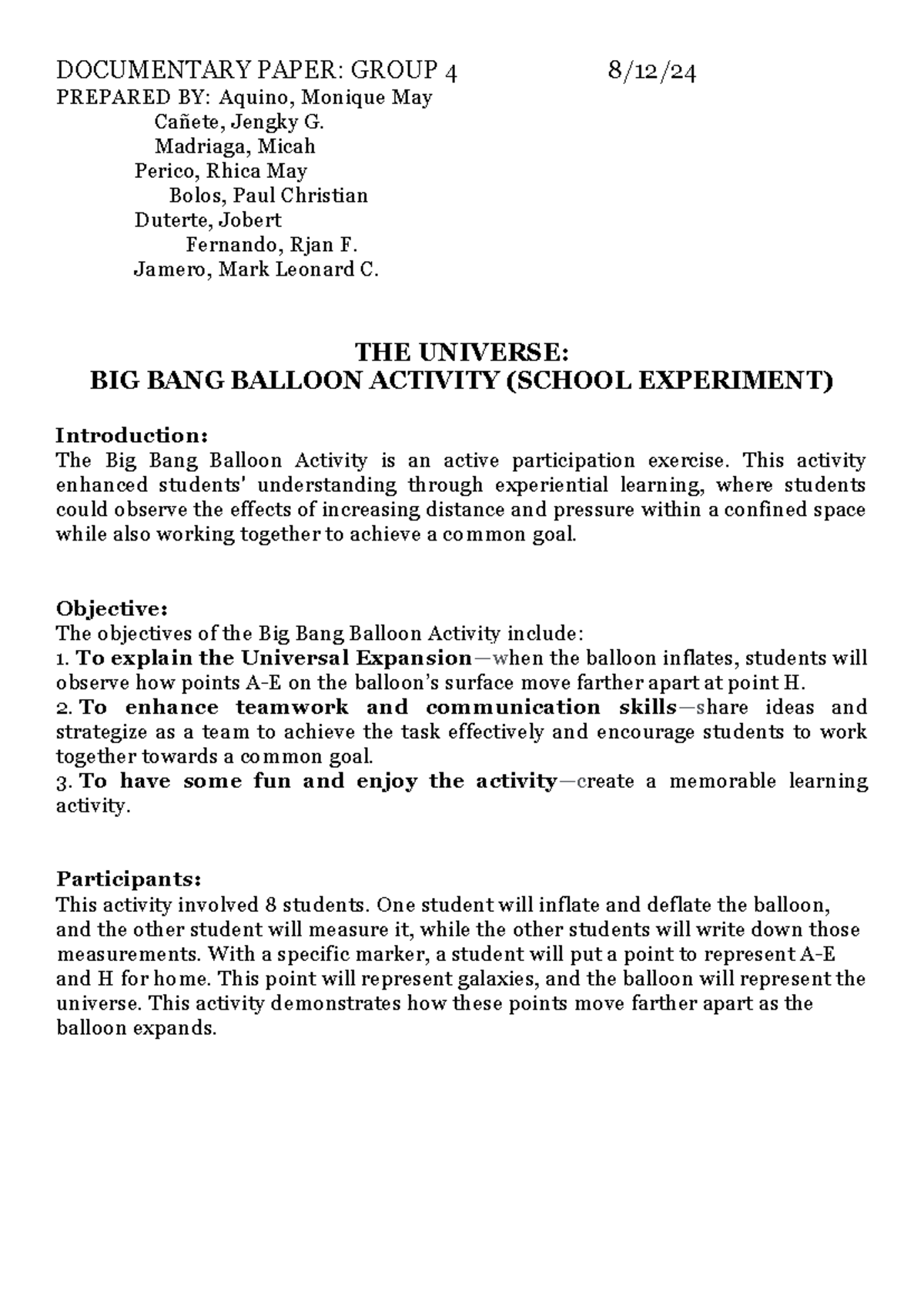 Documentary Paper: Group 4 ELS - Big Bang Balloon Activity Insights ...