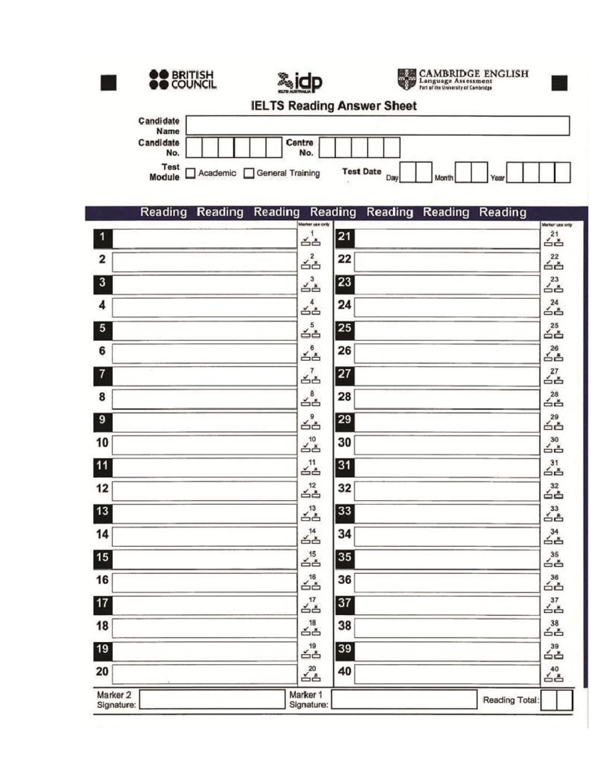IELTS Reading Answer Sheet - Cambridge English Council - Studocu