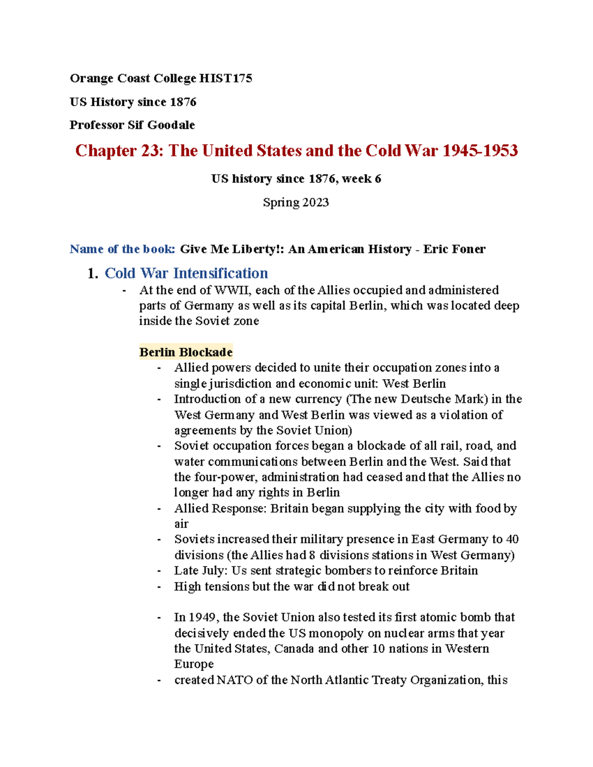 HIST 100: Chapter 23 - The US and Cold War Dynamics (1945-1953) - Studocu