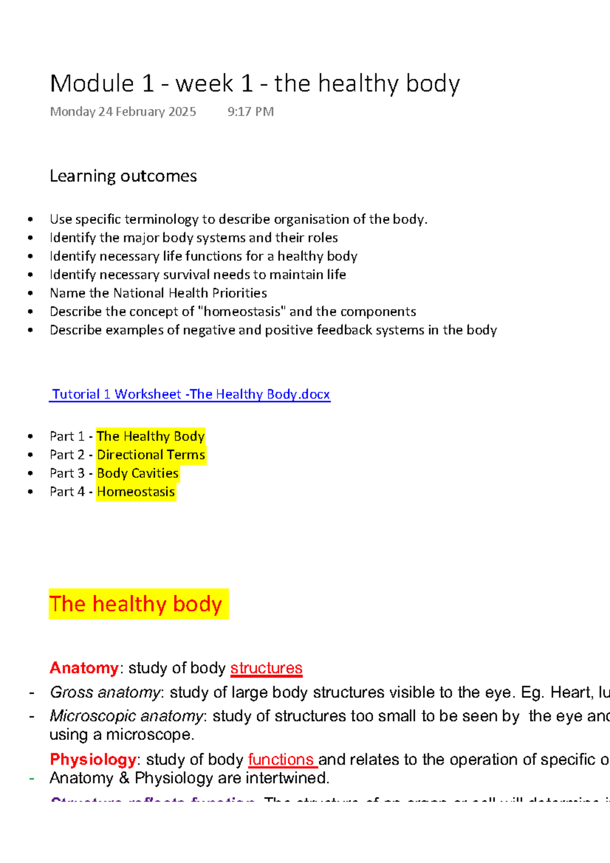 Module 1 - Week 1: The Healthy Body & Health Priorities Overview - Studocu
