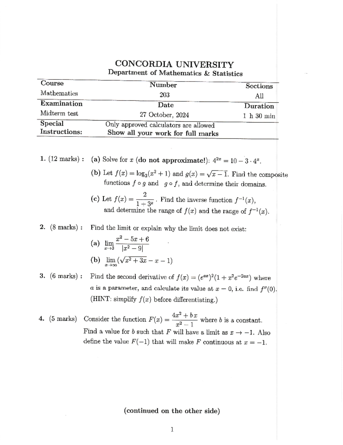 Math 203 Fall 2024 Midterm Exam Solutions and Detailed Steps - Studocu