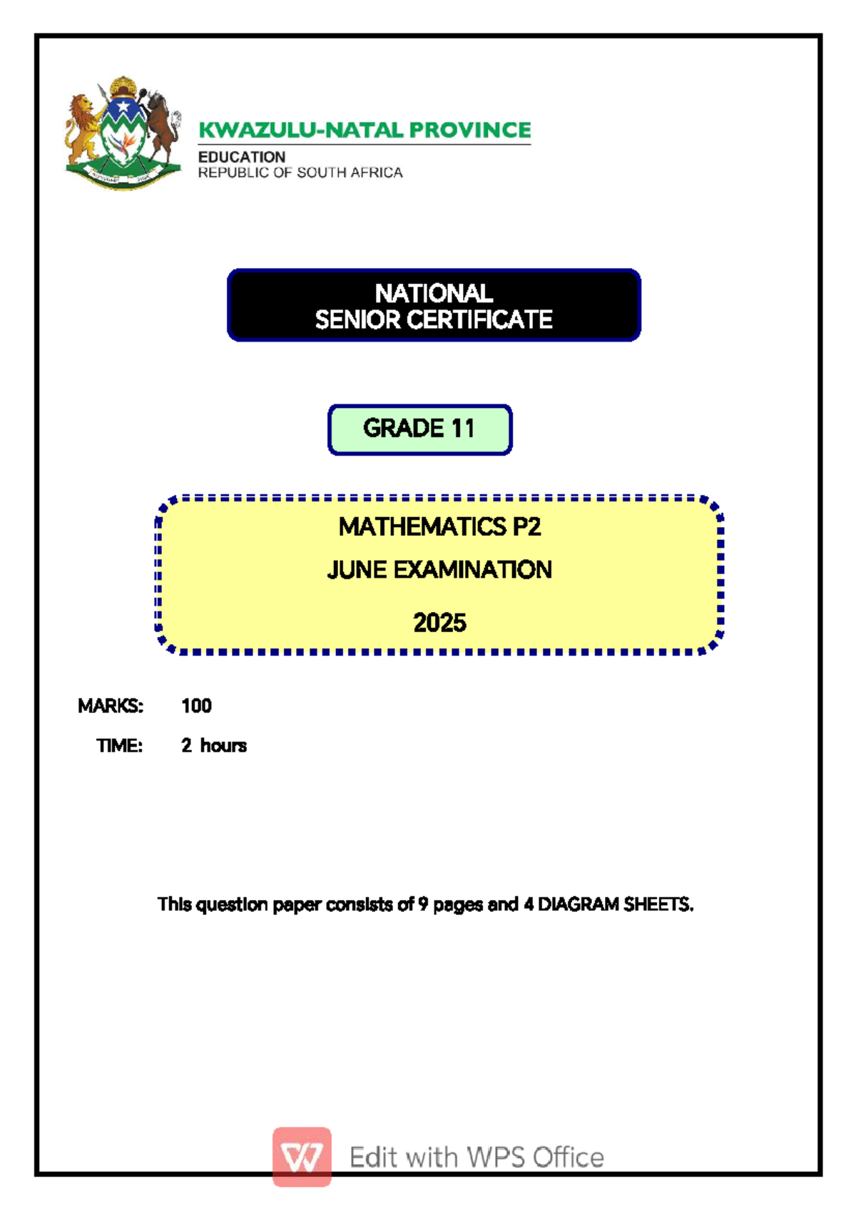 Mathematics P2 Grade 11 June 2025 Final Exam Paper - Studocu
