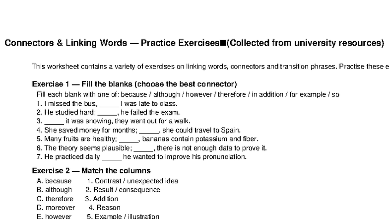 Connectors & Linking Words Practice (University Resources) - Studocu