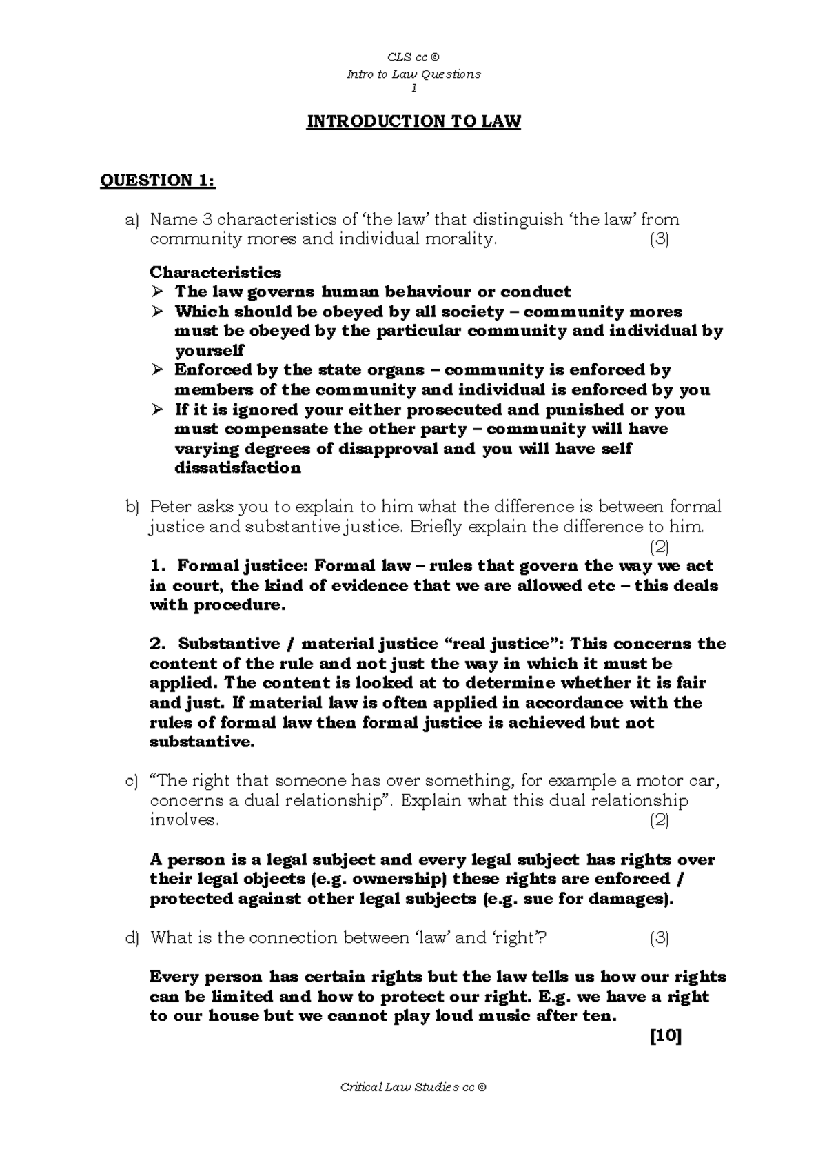 CLS- Intro to Law Q&A: Key Concepts and Legal Distinctions - Studocu