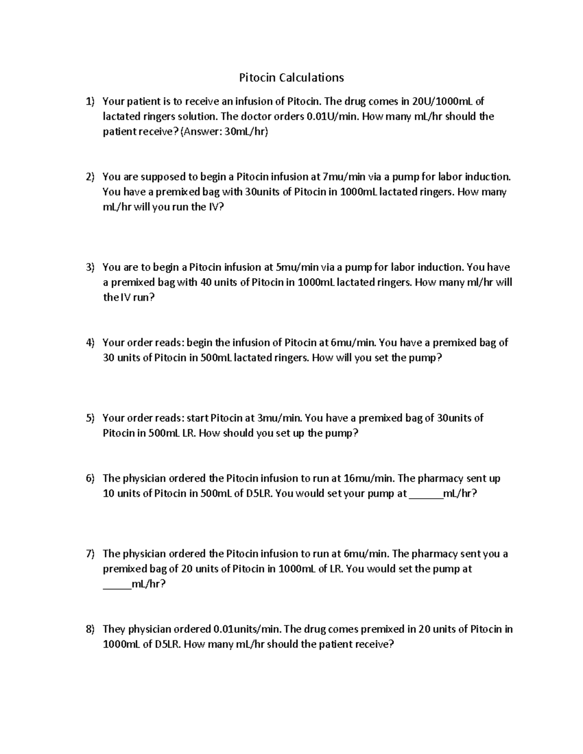 Pitocin Calculations for Labor Induction: IV Infusion Dosages - Studocu