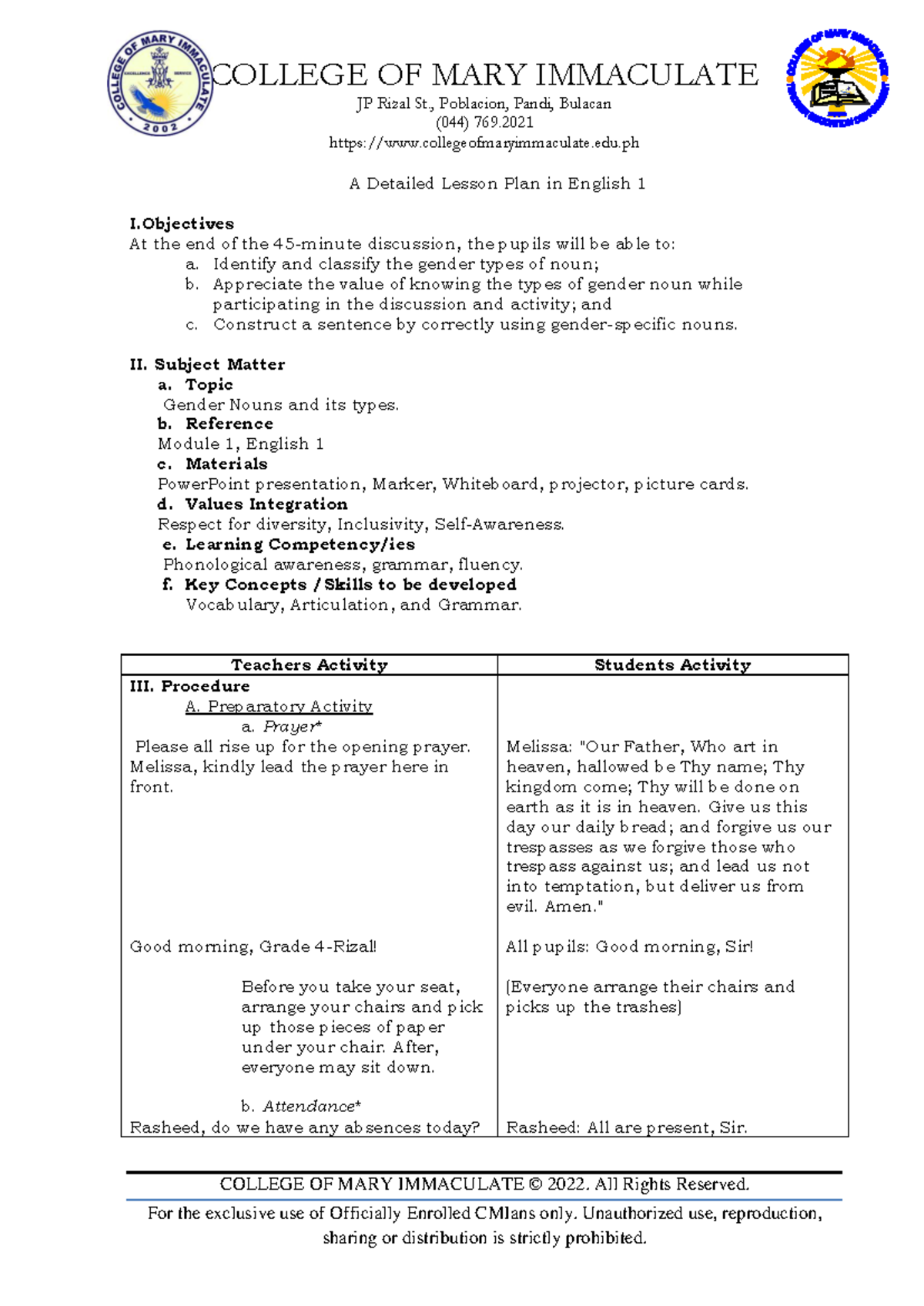 Detailed Lesson Plan on Gender Nouns for English 1 (ENG 101) - Studocu
