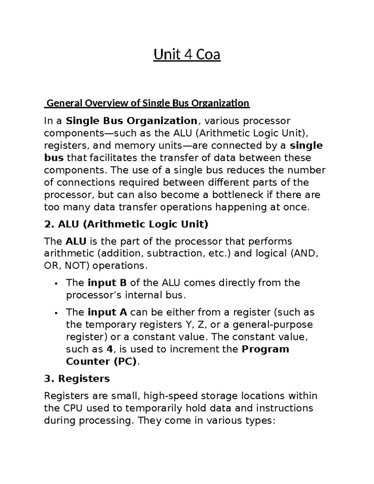 Unit 4 COA: Overview of Single Bus Organization and ALU Functions - Studocu