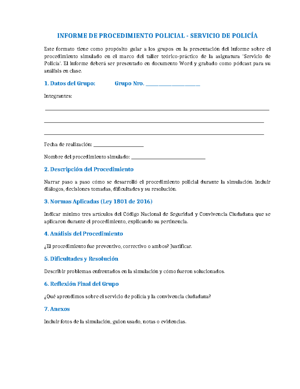 Formato Informe Procedimiento Policial - Taller de Policía - Studocu