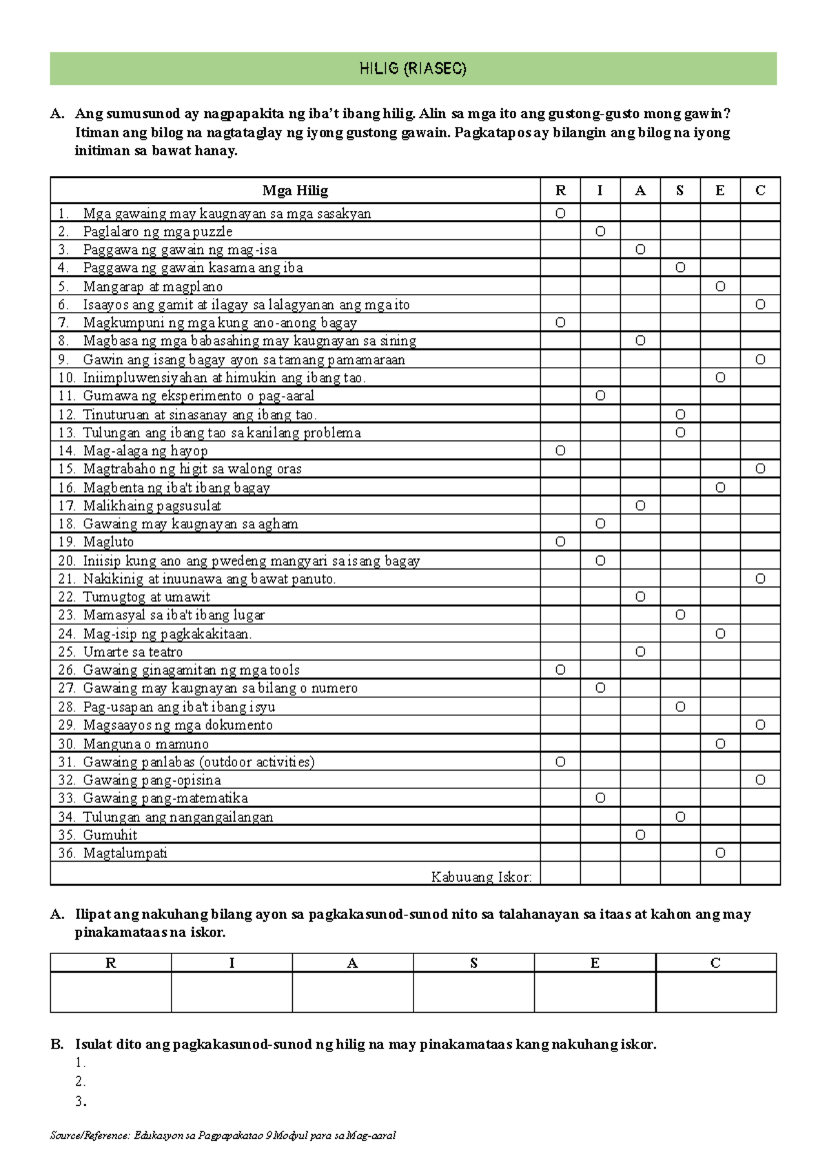 Hilig (RIASEC) Assessment for Edukasyon sa Pagpapakatao 9 - Studocu