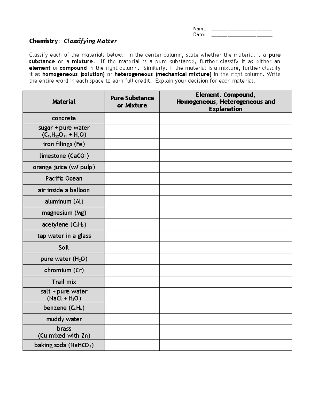 Chem 101: Classifying Matter Worksheet for Students - Studocu