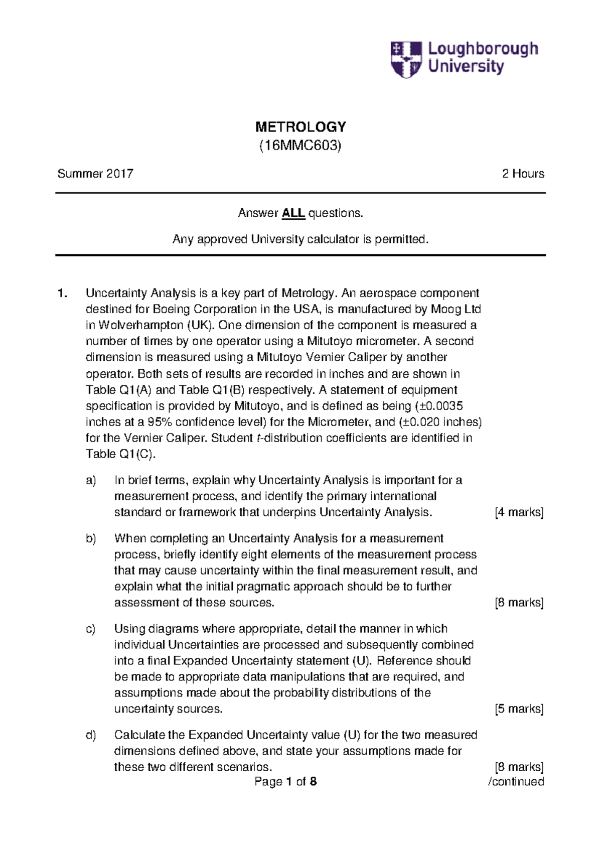 16MMC603 Metrology Final Exam Questions and Uncertainty Analysis - Studocu