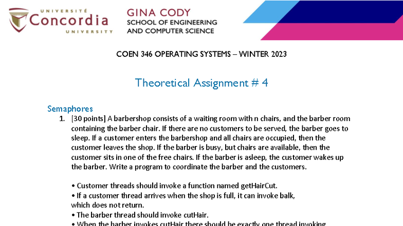 COEN 346 Operating Systems Winter 2023: Theoretical Assignment 4 on Semaphores - Studocu