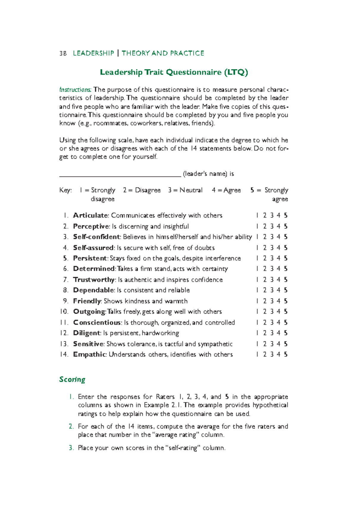 Leadership Trait Questionnaire (LTQ) Instructions and Scoring Guide ...