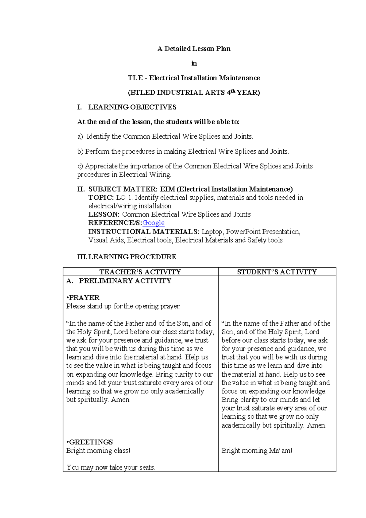 A Comprehensive Lesson Plan on Electrical Wire Splices (BTLED IND ARTS ...