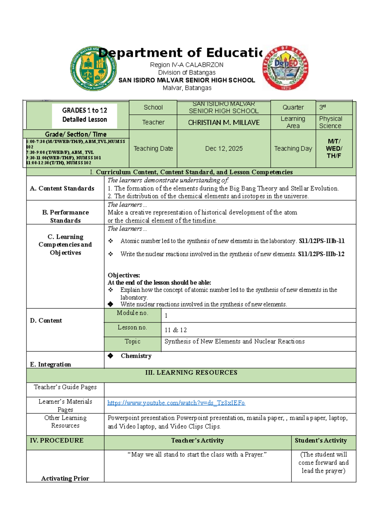 Physical Science Lesson Plan: Synthesis of New Elements (ABM, TVL, HUMSS 102) - Studocu