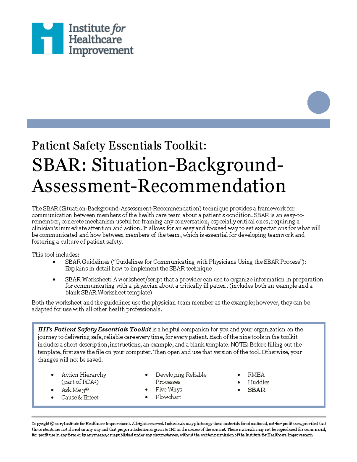 Patient Safety Essentials Toolkit: SBAR Communication Guidelines - Studocu