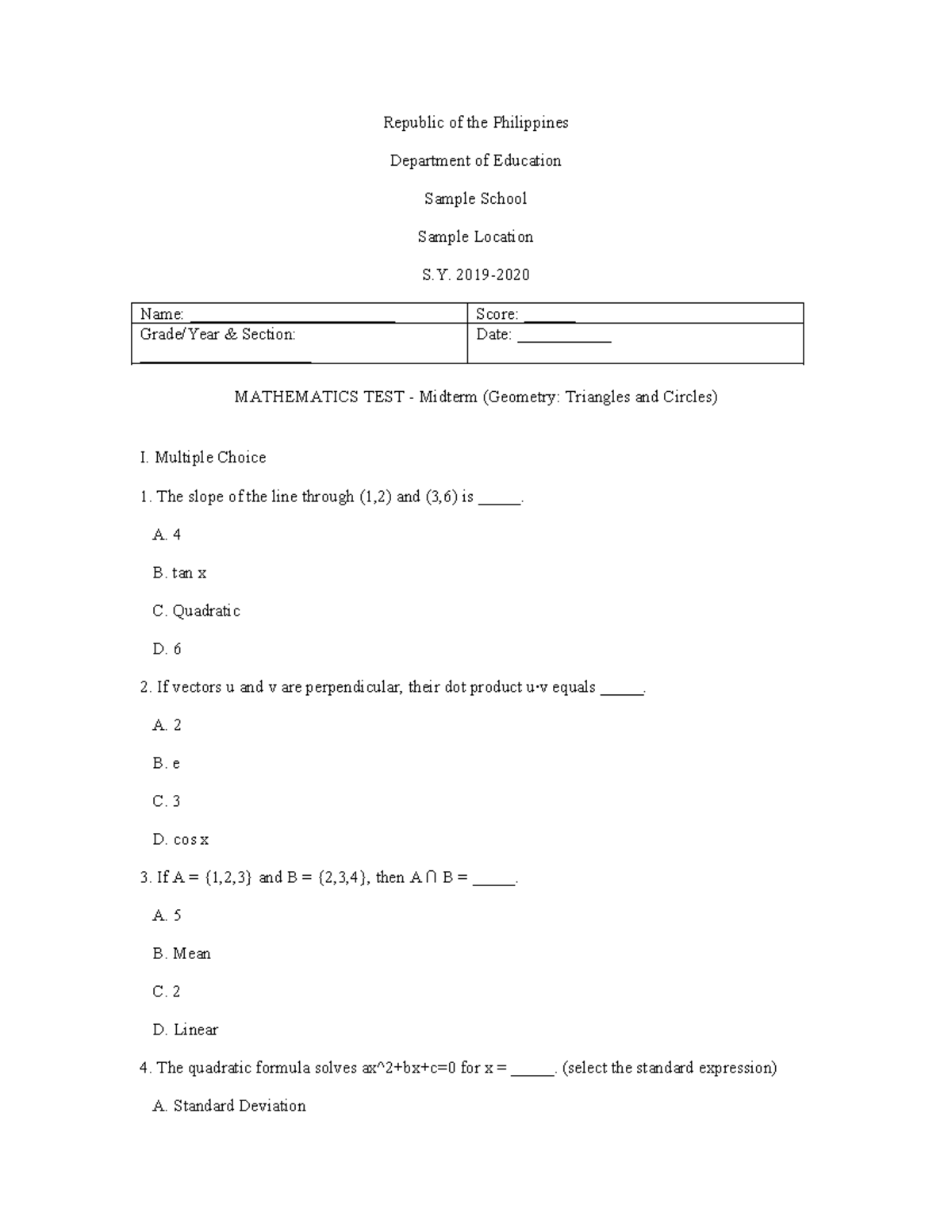 MATH 484 Midterm Test: Geometry of Triangles & Circles - Studocu