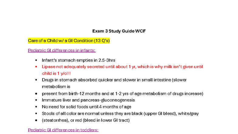 WCF Exam 3 Study Guide: Pediatric GI, GU, Cardiac, and Respiratory ...
