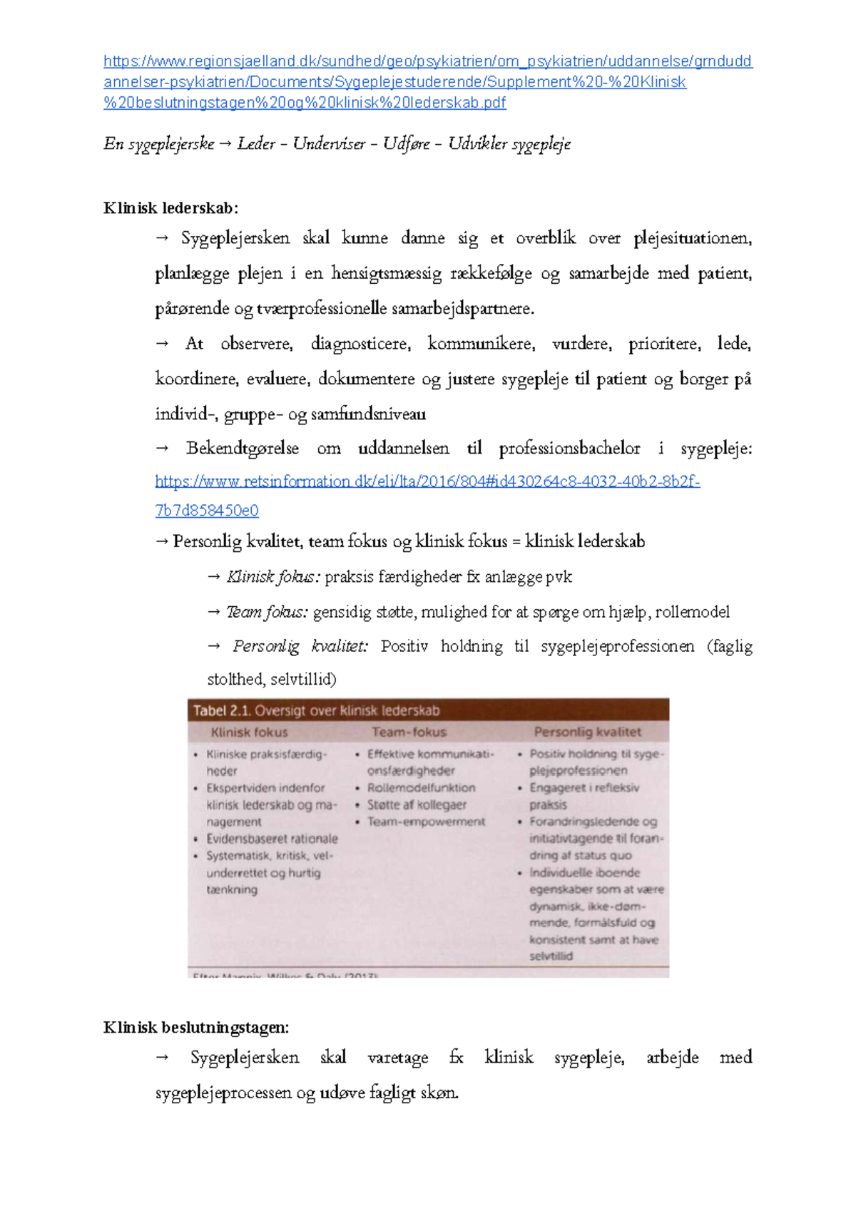 Klinisk Lederskab og Beslutningstagen i Sygepleje: Noter og Perspektiver - Studocu