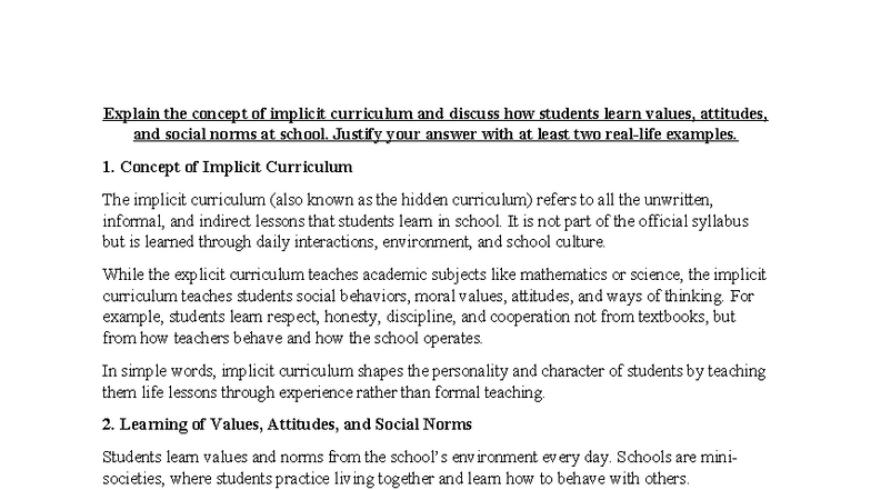 Implicit Curriculum: Values, Attitudes, and Social Norms in Education ...