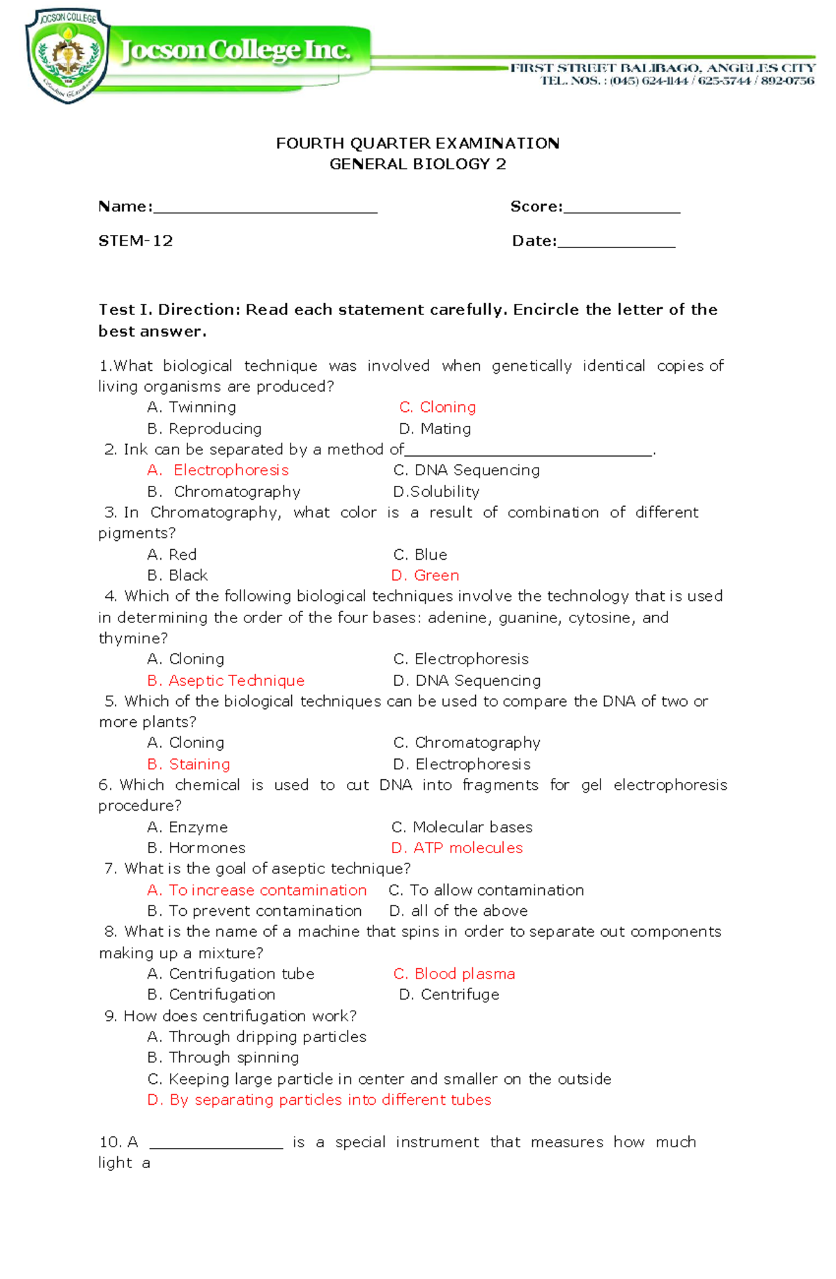 General Biology 2 - Exam - FOURTH QUARTER EXAMINATION GENERAL BIOLOGY 2 Name ...