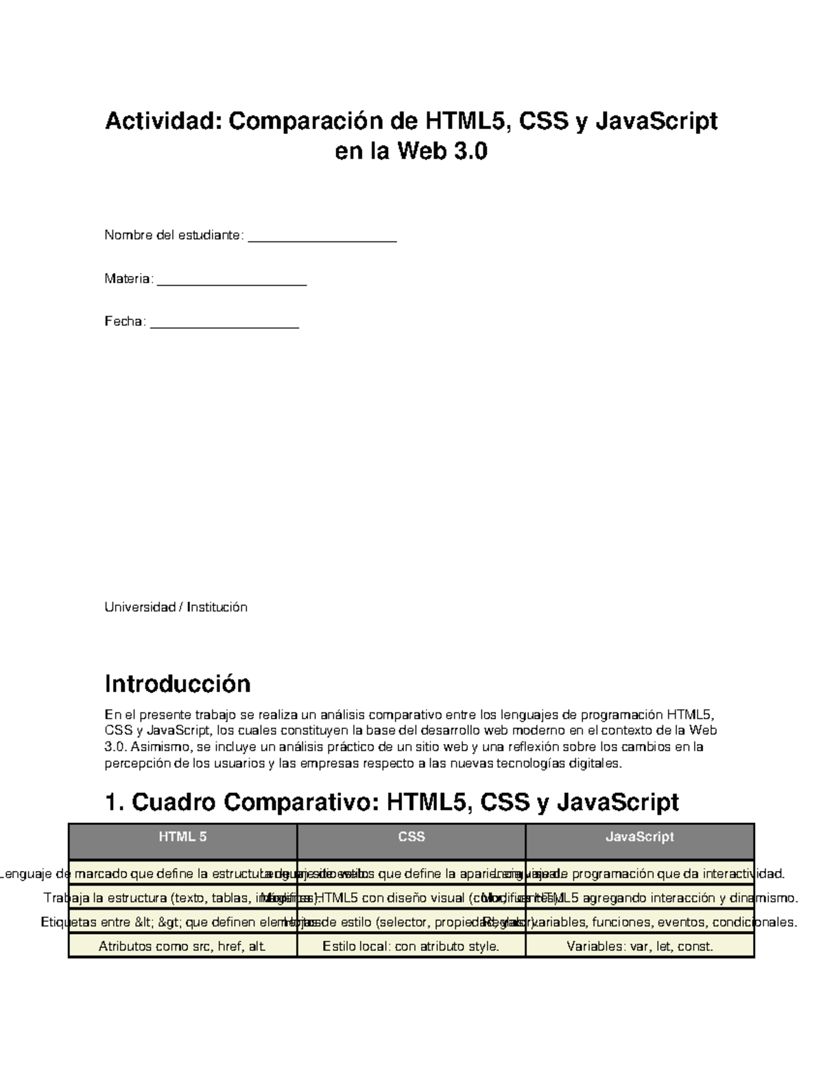 Actividad: Comparación de HTML5, CSS y JavaScript en Web 3.0 - Studocu