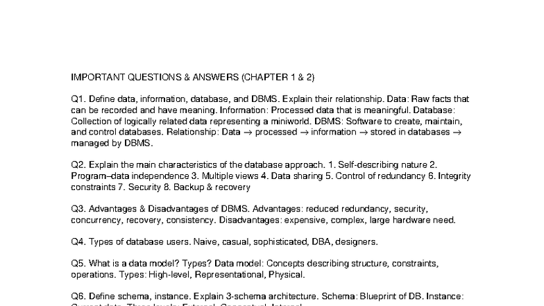 DB Important QA (Chapters 1-2) on Data & DBMS Concepts - Studocu