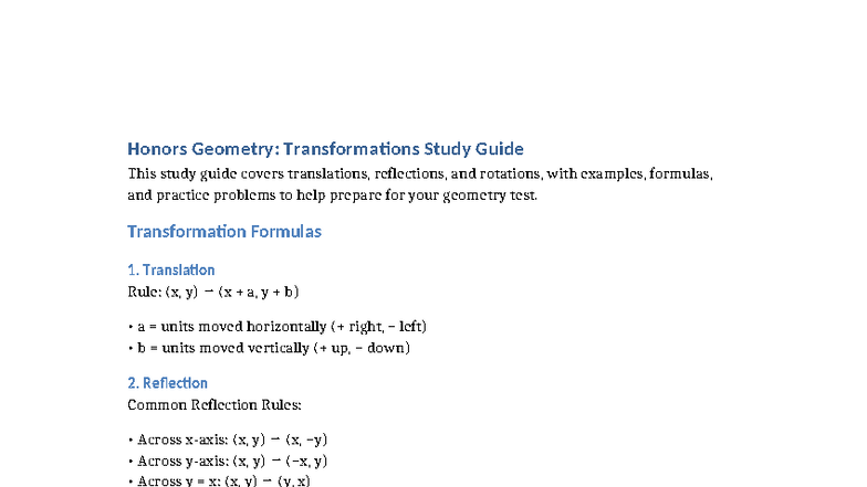 Honors Geometry: Transformations Study Guide & Practice - Studocu