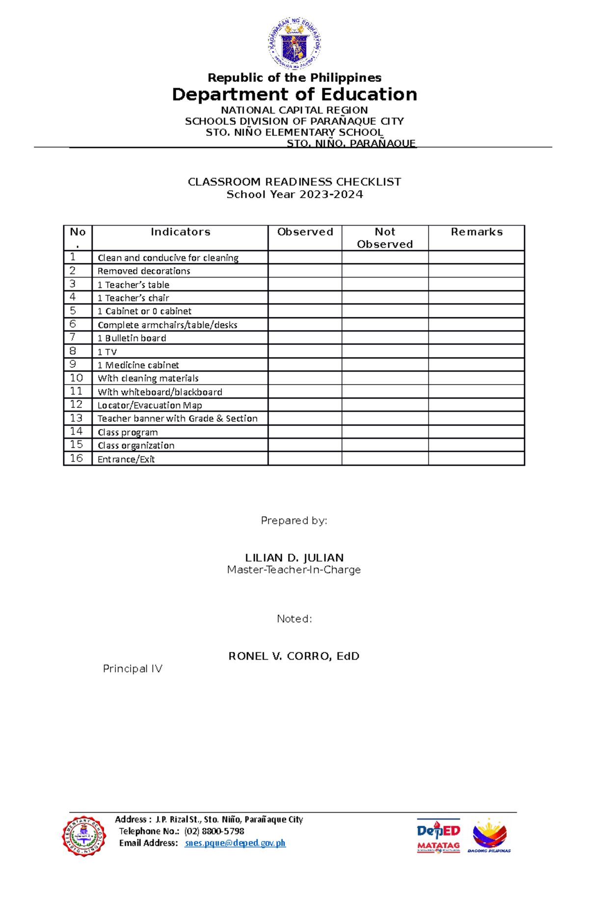 Classroom Readiness Checklist SY 2023-2024 for Sto. Niño Elem. School ...