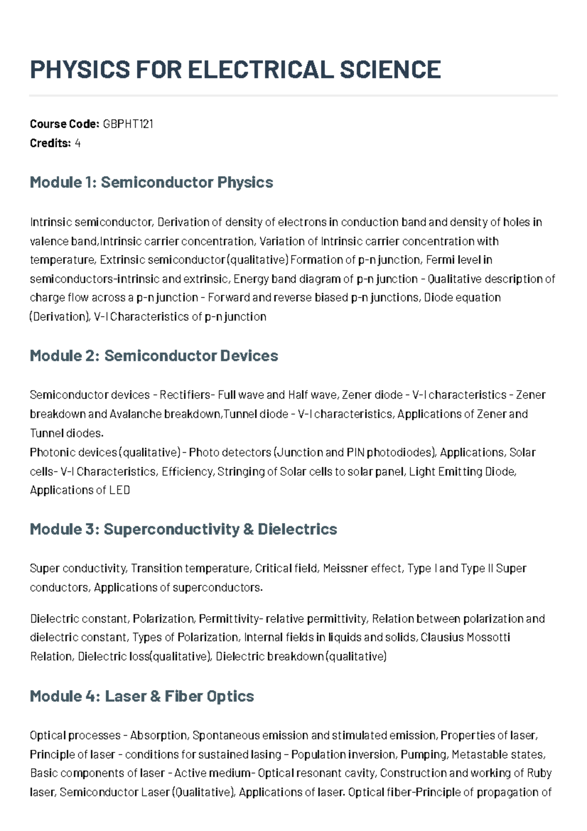 PHYSICS FOR ELECTRICAL SCIENCE GBPHT121: Semiconductor & Laser Concepts ...