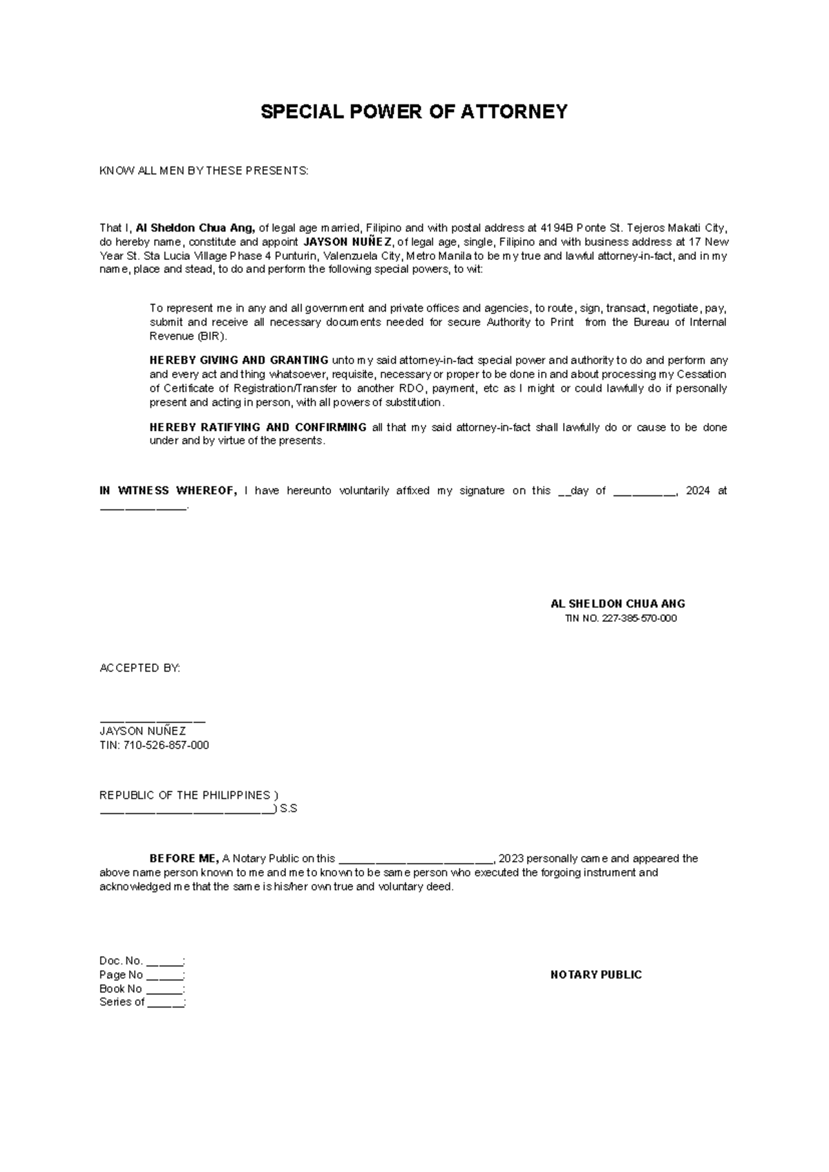 Special Power of Attorney for BIR Transactions - Al Sheldon Chua Ang ...
