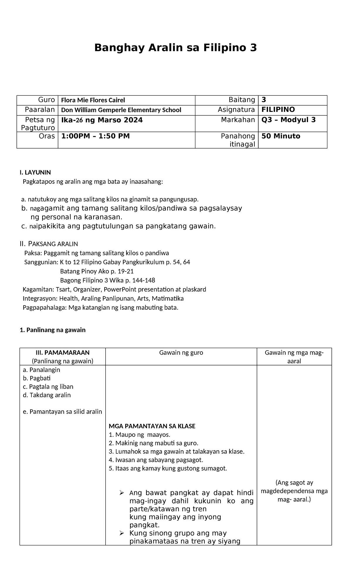 Lesson PLAN Elementary - Banghay Aralin sa Filipino 3 I. LAYUNIN ...