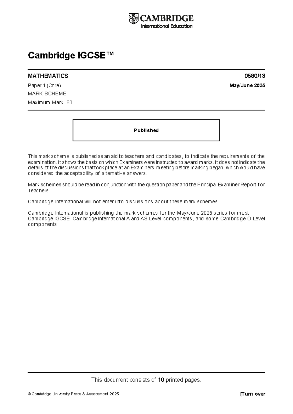 Cambridge IGCSE Mathematics 0580 Paper 1 (Core) 2025 Mark Scheme - Studocu