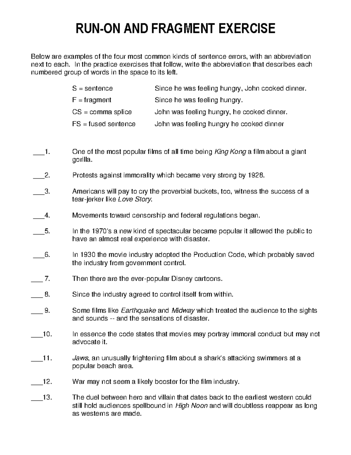 Run-on and Fragment Exercise: Common Sentence Errors - Studocu