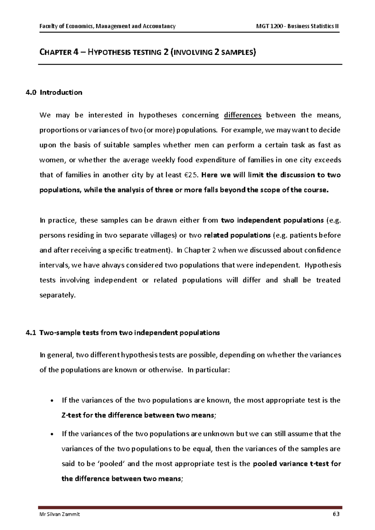Chapter 4 - Hypothesis Testing with Two Samples in Statistics - Studocu