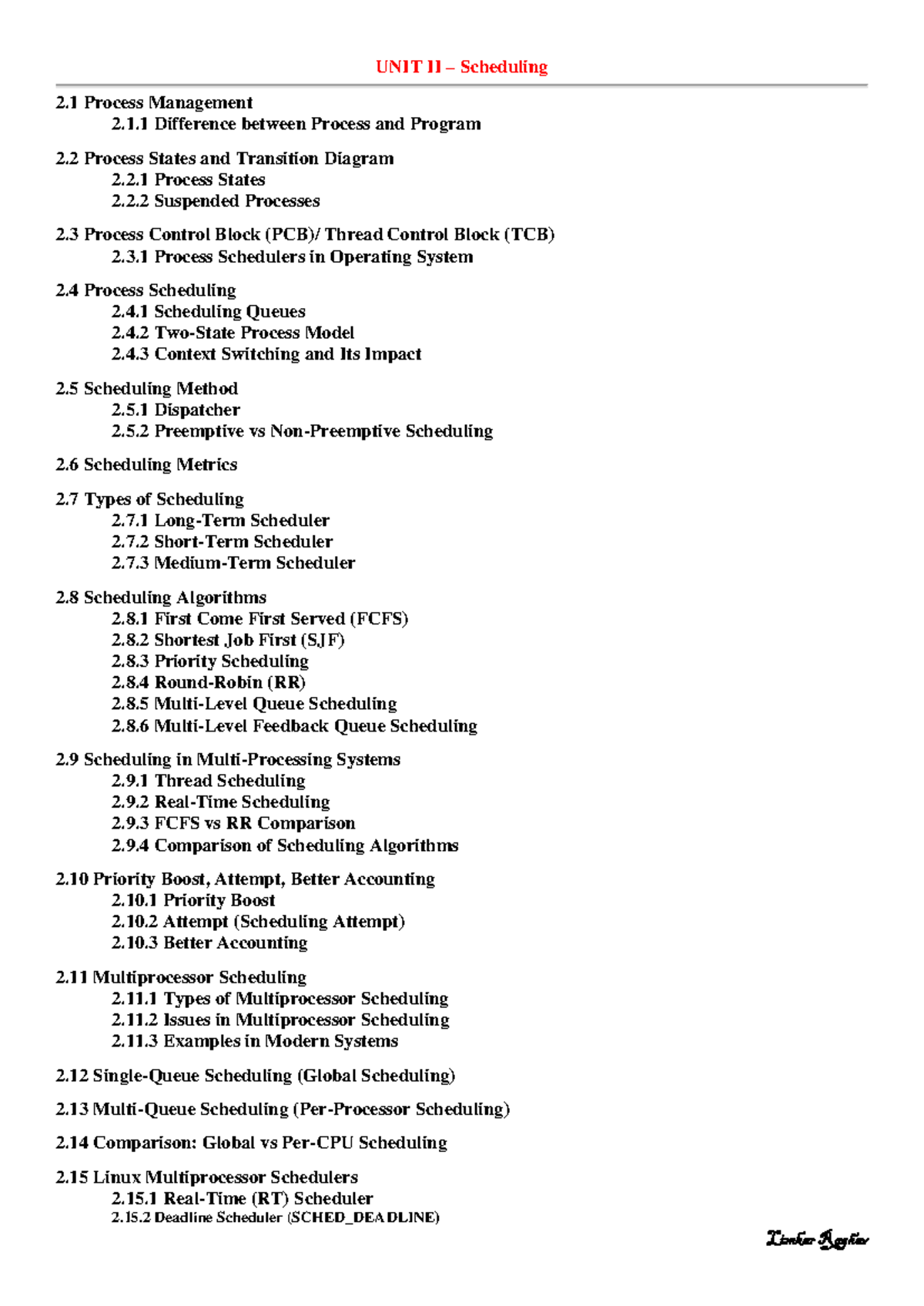Operating Systems - UNIT II: Scheduling and Process Management - Studocu