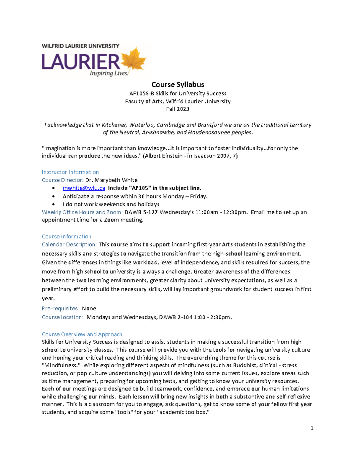 AF105S-B Skills for University Success Syllabus - Fall 2023 - Studocu