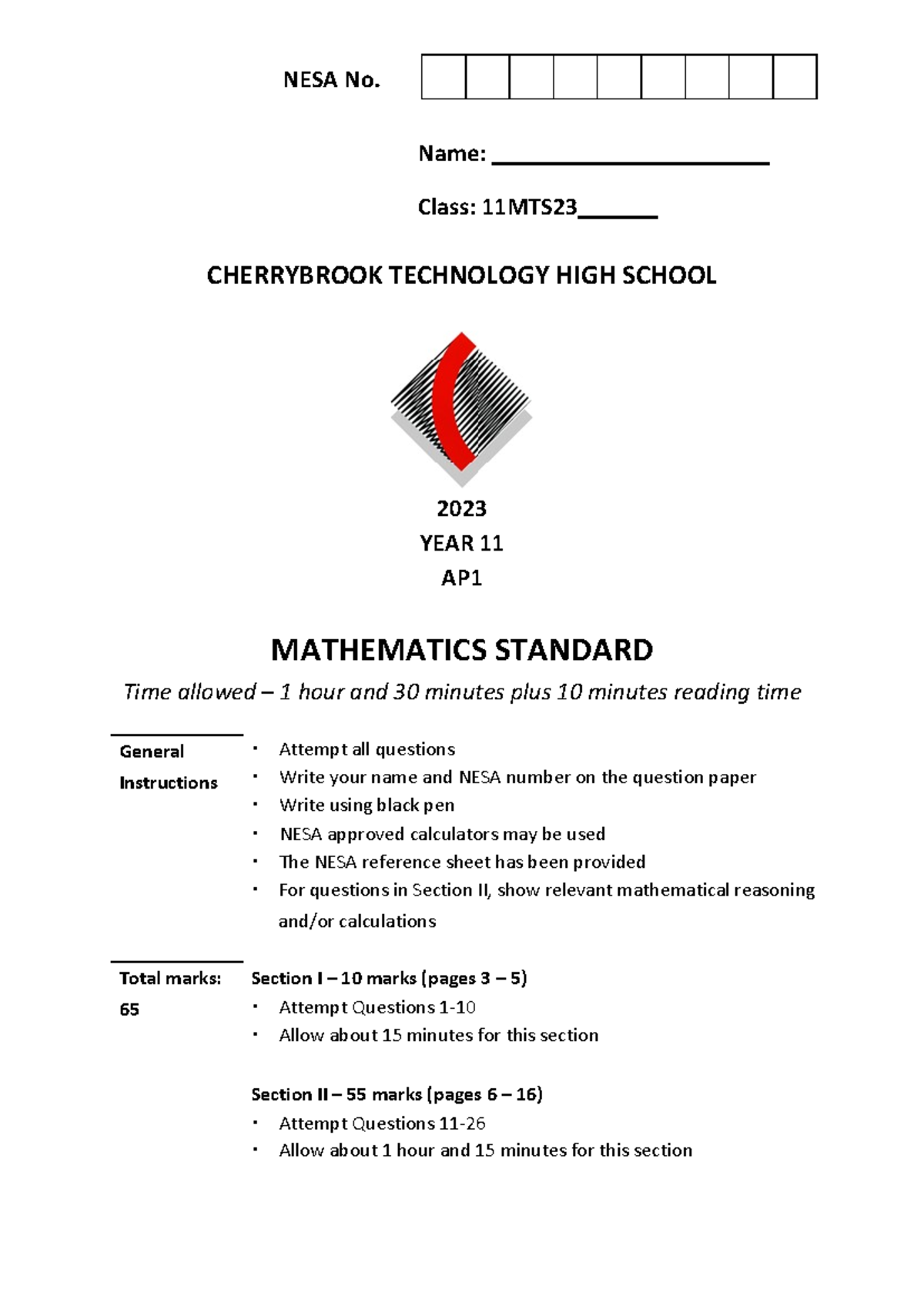 2023 Yr 11 Mathematic Standard AP1 Exam Paper for Class 11MTS - Studocu