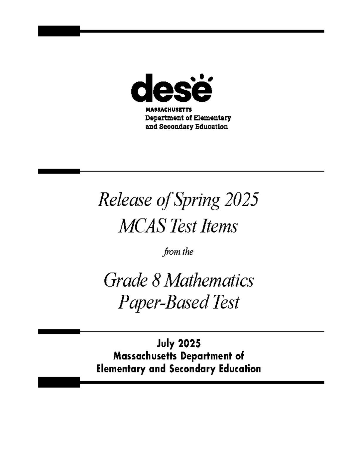 Massachusetts MCAS 2025 Grade 8 Math Exam Release and Directions - Studocu