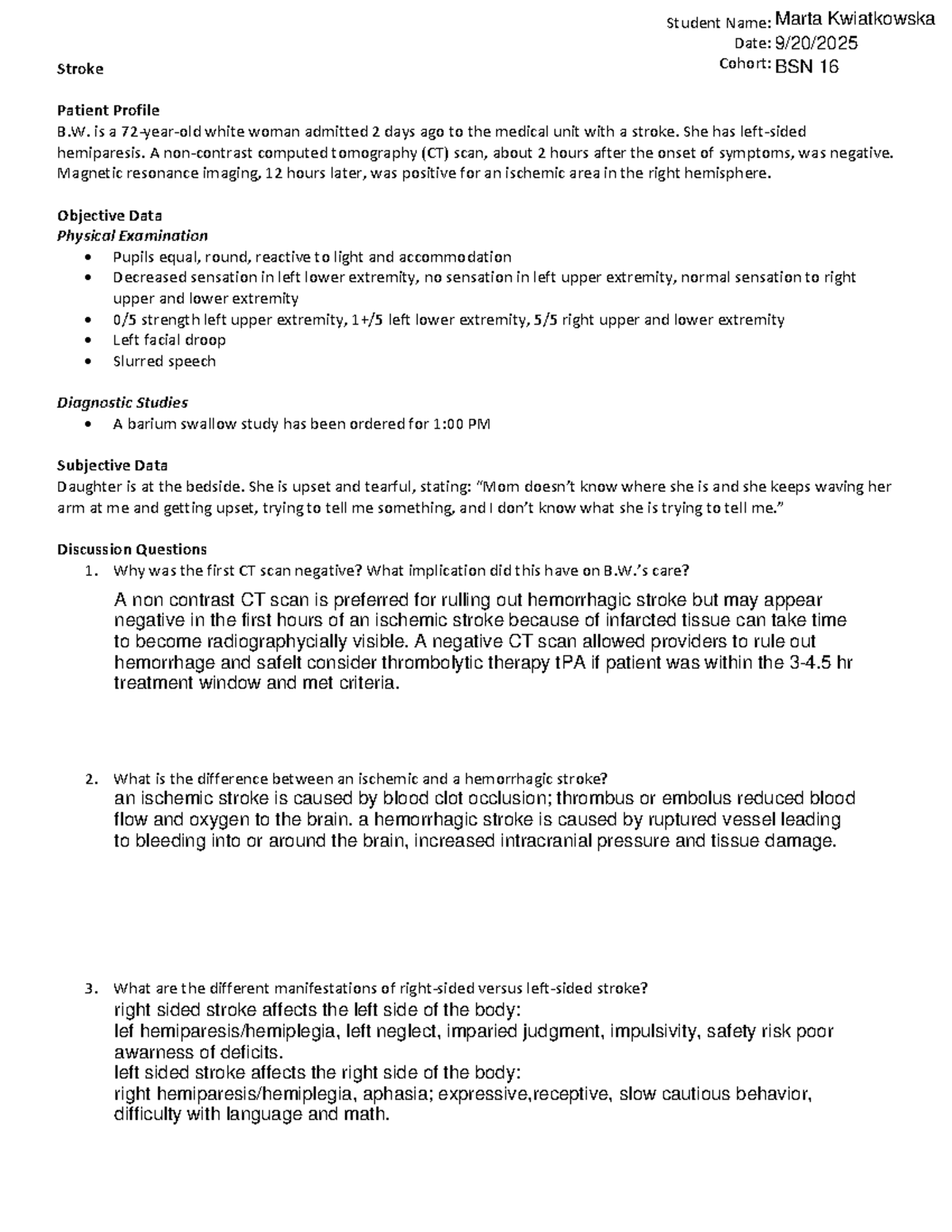 BSN 16 Stroke Case Study: Patient Profile and Analysis - Studocu