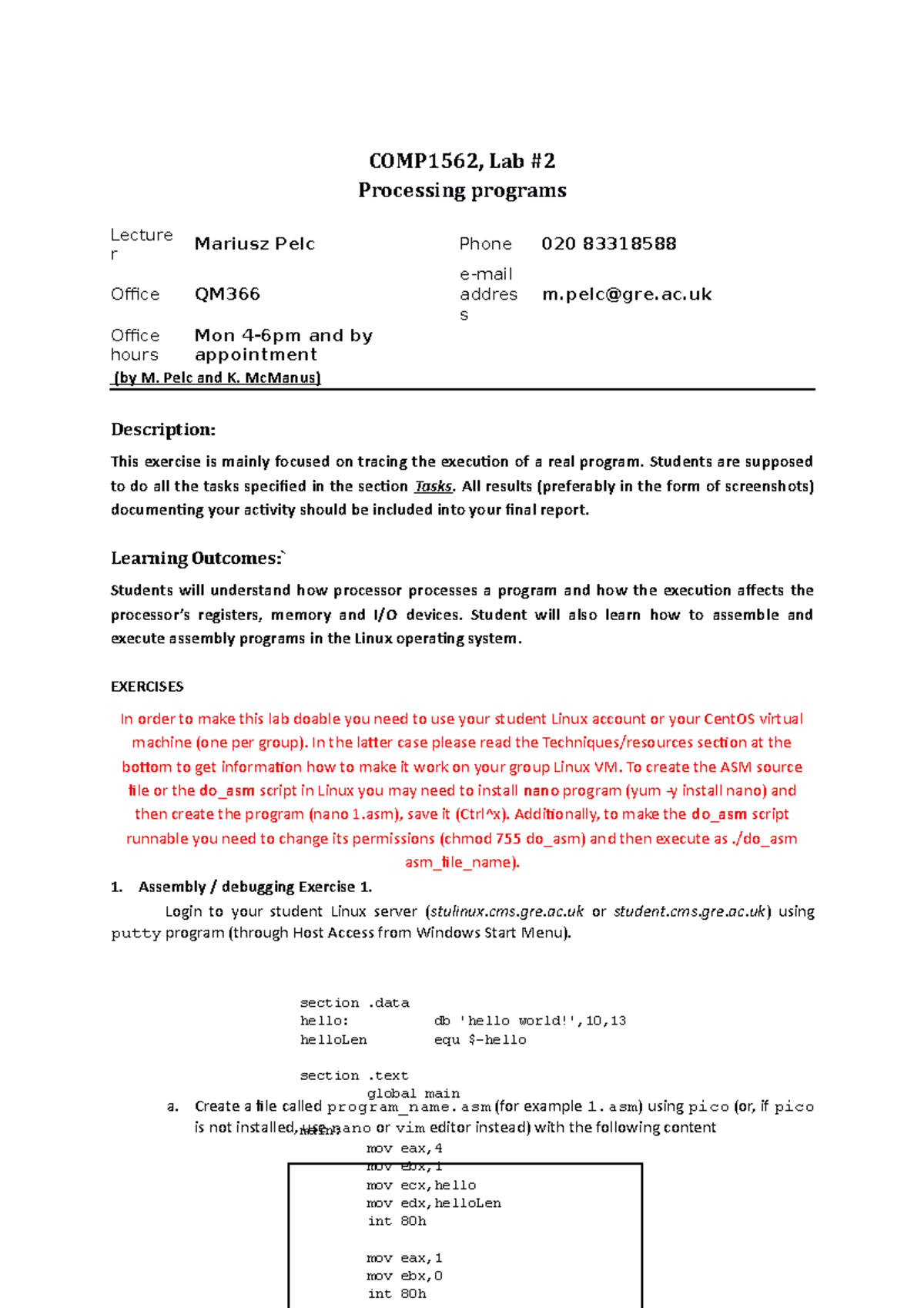 Lab 2-COMP1562 19 20 (12) - COMP1562, Lab Processing programs Lecture r Mariusz Pelc Phone 020 ...